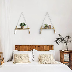 Artilady 2 Pack Wooden Wall Hanging Shelves - Macrame Hanging Plant Shelf with Tassel,Boho Storage Floating Shelves Handmade Rustic Hanger Planter Rack Pot Stand Holder (2 Tassel)