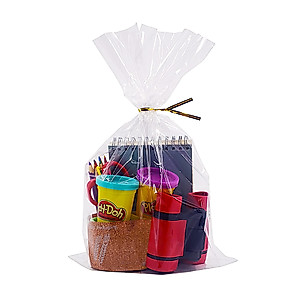 Wowfit 50 CT 9” x 14” Clear Flat Cellophane Gift Bags with 6" Gold Twist Ties, Cello Packaging for Goodies, Decorations, and Wedding Gift Wrapping