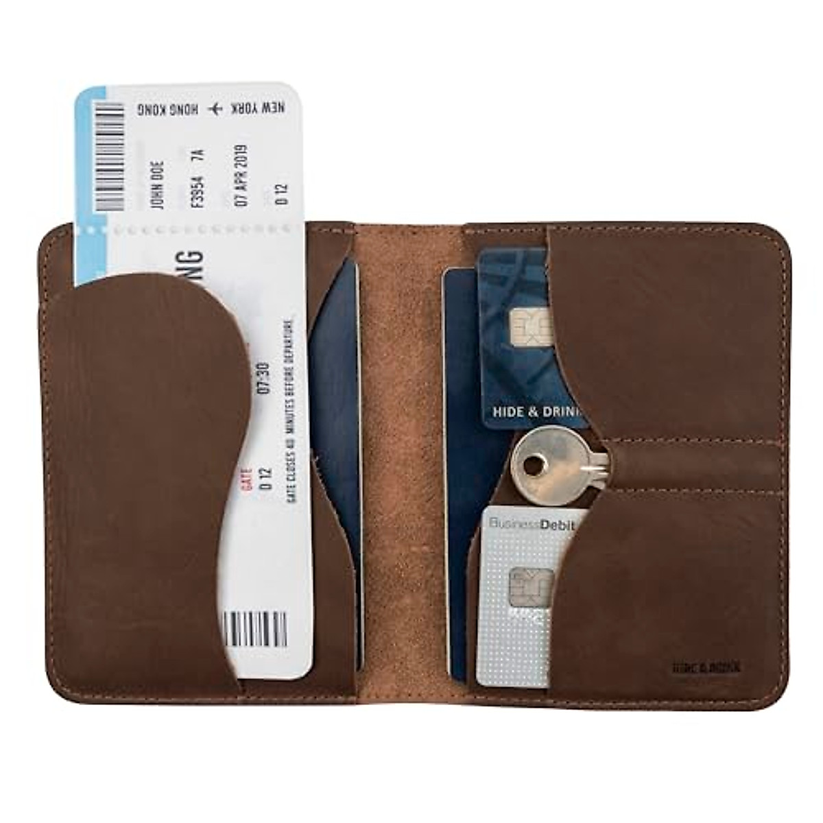 Hide & Drink, Double Passport Cover with Slots for Bills and Keys, Rustic Case, ID Organizer, Full Grain Leather, Handmade Accessories, Bourbon Brown