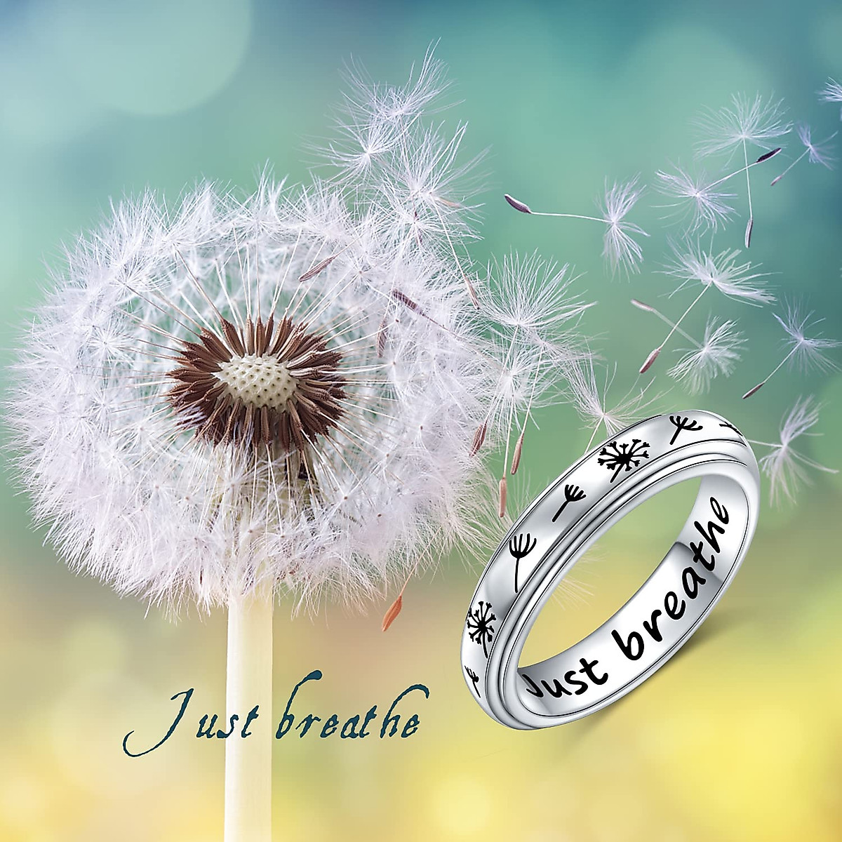 Birthday Gifts Just Breathe Spinner Ring for Women 925 Sterling Silver Dandelion Fidget Rings for Anxiety Stress Relieving ADHD Autism Rings Inspirational Boho Band Ring (9)
