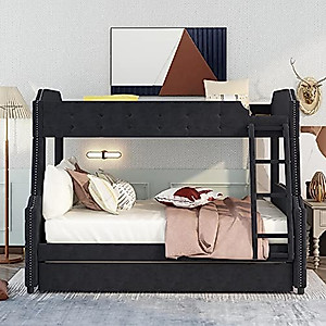 DEYOBED Twin Over Full Velvet Upholstered Bunk Bed with Trundle and Ladder, Tufted Button Design Wooden Bed Frame for Kids Teens Bedroom, Space Saving, Black