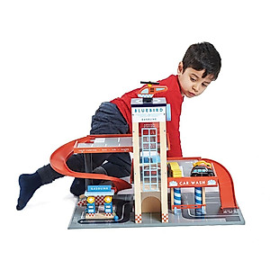 Tender Leaf Toys - Blue Bird Service Station - Classic Wooden Garage and Service Station for Cars and Helicopter with Ramps, Petrol Pumps and Car Wash Center - Imaginary and Roleplay for Children 3+