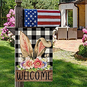 CMEGKE Easter Garden Flag, Easter Buffalo Plaid Bunny Ear Garden Flag, Spring Summer Garden Flag Rustic Vertical Double Sided Burlap Welcome Easter Rabbit Floral Holiday Party Farmhouse Yard Home Outside Decor 12.5 x 18 In