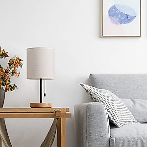 HAITRAL Bedside Table Lamp - Modern Nightstand Lamp with Linen Fabric Shade Wooden Desk Lamps for Bedrooms, Office, College Dorm, Dinning Room, Girls Room - 16 Inches (HT-AD005)
