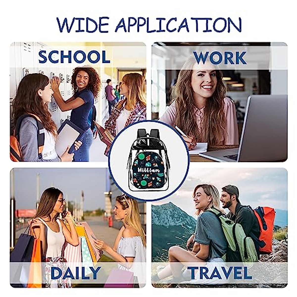 Ecautly Personalized Clear Backpack for Boys, Custom Rocket Pattern Clear Backpack with Name, PVC See Through Transparent for Boys School Waterproof Backpack, Back to School Gifts for Boys Kids