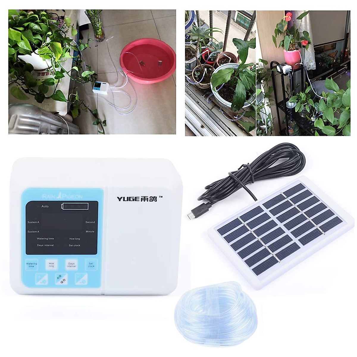 Automatic Drip Irrigation Pump Set, Self Watering System with Solar Energy USB Charging and Dual Pump Independent Timing for Plant Drip Irrigation for Potted Plants Flower Vegetables