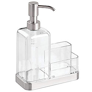 iDesign 67080 Forma Plastic Soap Pump with Caddy, Dispenser with Storage Compartment for Bathroom, Kitchen Countertops, Sinks, Set of 1, Stainless
