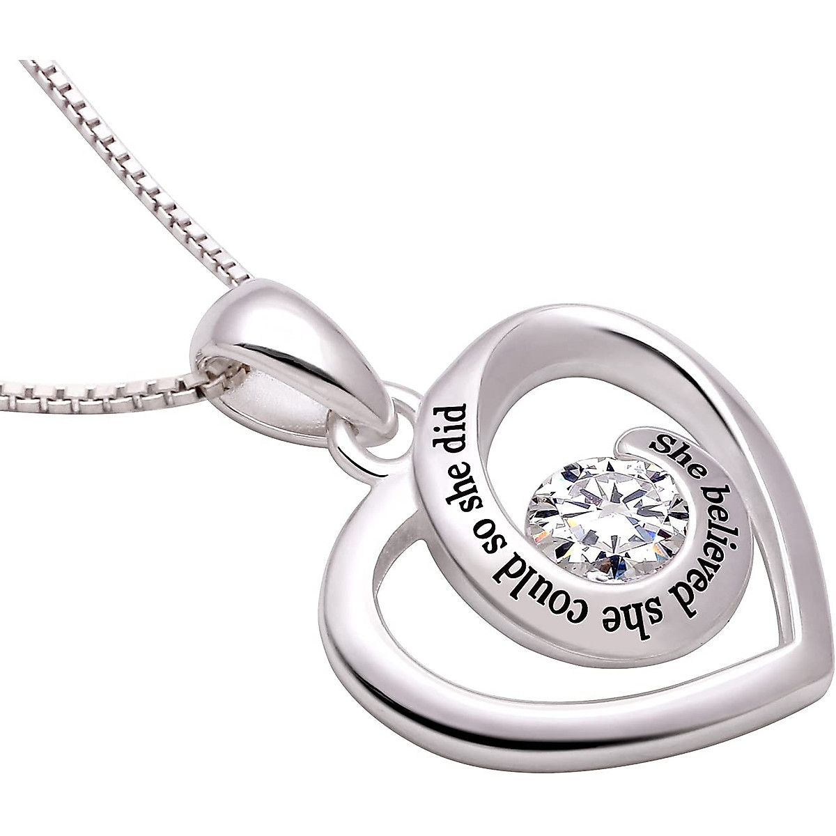 ALOV Jewelry Sterling Silver She believed she could so she did Love Heart Cubic Zirconia Pendant Necklace