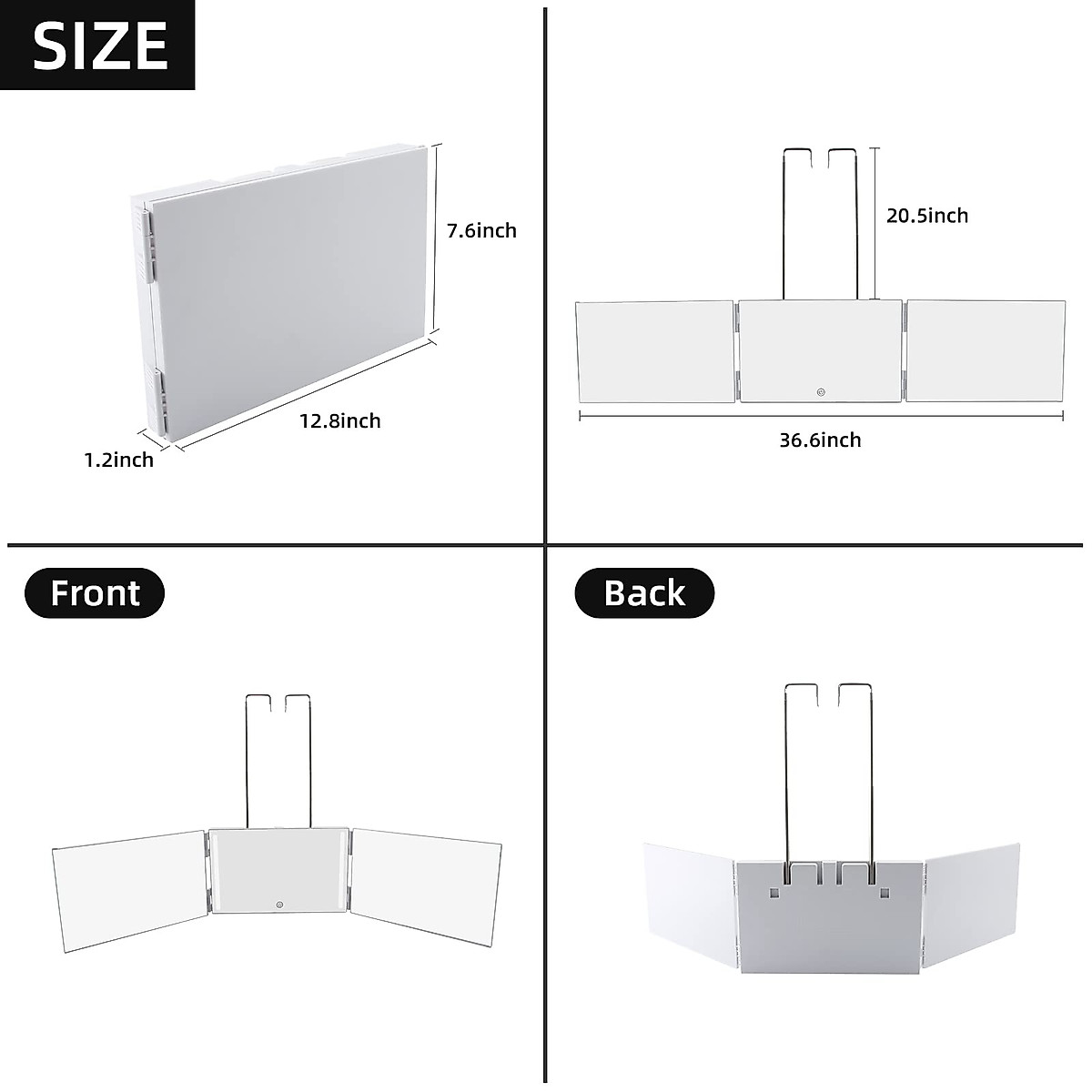 Essbhach 3 Way Mirror for Hair Cutting, 360 Barber Mirror for Women, Barber Supplies Shower 28 LED Mirror, Height Adjustable Hooks, White with LED