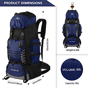 Unineovo 90L Hiking Backpack, Waterproof Camping Bag with Rain Cover, Lightweight Backpacking Back Pack - No Frame (Blue)