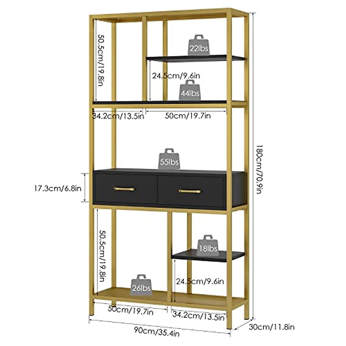 HITHOS Bookshelf, Tall Bookcase with 2 Drawers and Storage Shelves, Industrial Etagere Bookcase Book Shelves for Office, Living Room, Black/Gold