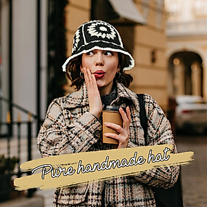 Zando Crochet Bucket Hats for Women Handmade Crochet Hats for Women Foldable Knit Bucket Hat Floral Womens Bucket Hat Summer Fashion Knitted Hat Cloche Cute Bucket Hats for Women Black Bucket Hat