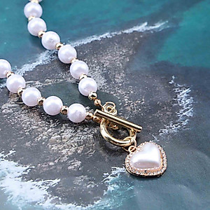 Allereyae Vintage Pearl Choker Necklace Gold Circle T Bar Necklace Bohemia Heart Necklace Love Heart Pendant Necklace Chain Jewelry for Women and Girls (Heart with crystal)