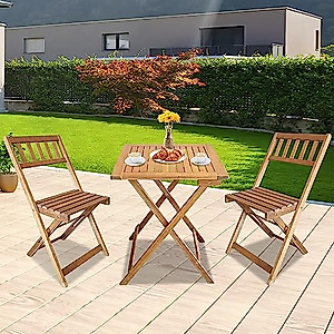 BLKMTY Patio Bistro Set 3-Piece Outdoor Patio Furniture Sets Folding Table and Chairs Acacia Wood Bistro Set Balcony Cafe Table Square Patio Table Chair for Front Porch, Garden, Deck, Backyard