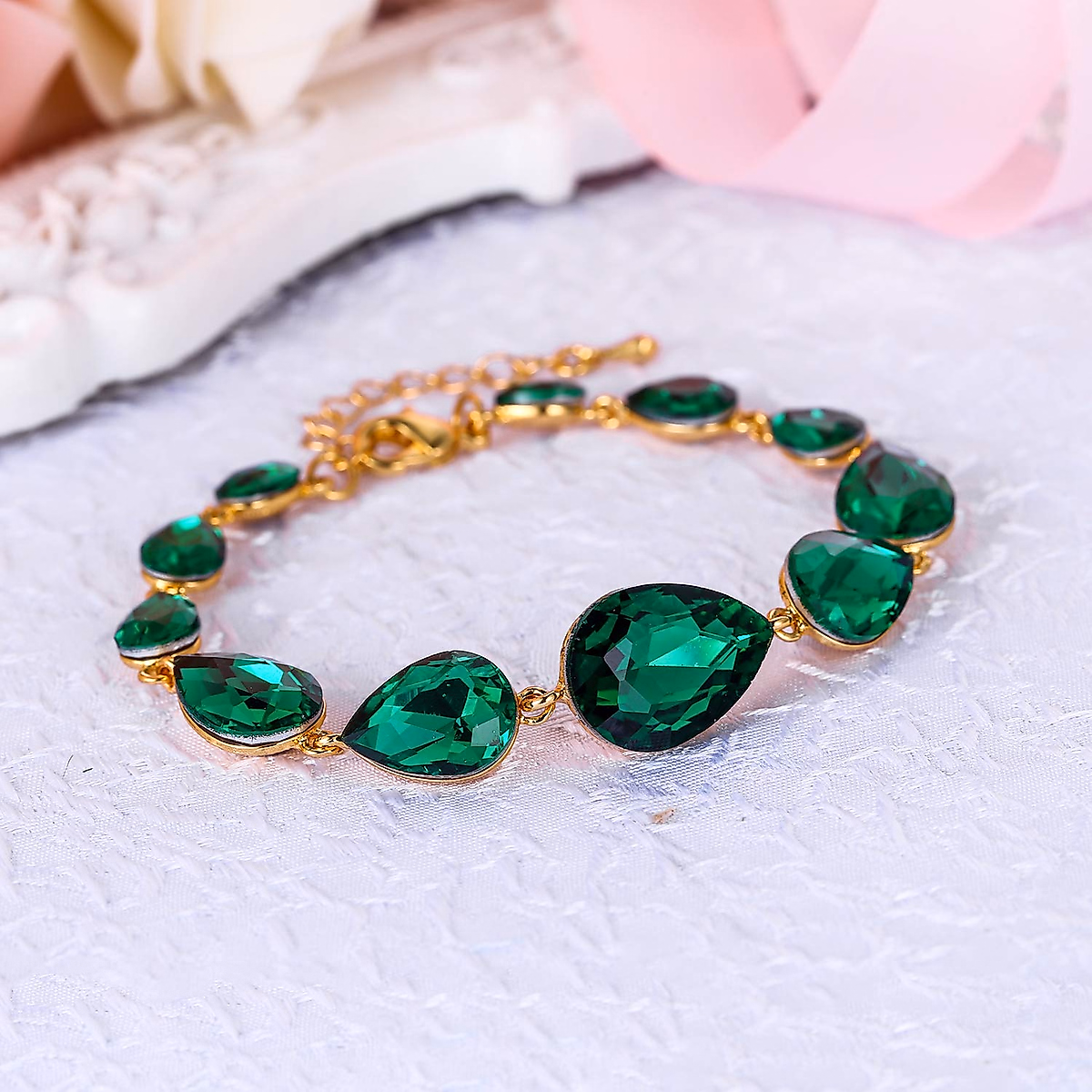 BriLove Wedding Bridal Crystal Bracelet for Women Multi Teardrop Bracelet Emerald Color Gold-Toned
