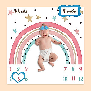 PHMOJEN Colorful Rainbow Baby Monthly Milestone Blanket, Girl Crown Star Pattern, Newborns 1 to 12 Months Unisex Include 4 Frames and 1 Headband 47"x47" BTLSPH634