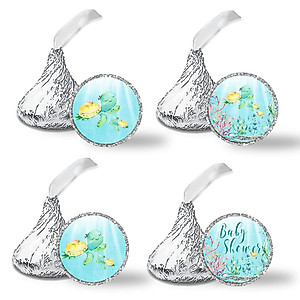 Little Hatchling Cute Sea Turtle Sea Life Baby Sprinkle Baby Shower Kiss Sticker Labels, 300 0.75" Circle Stickers for Chocolate Kisses by Amanda Creation, Great for Favors, Treats, Envelopes & Bags