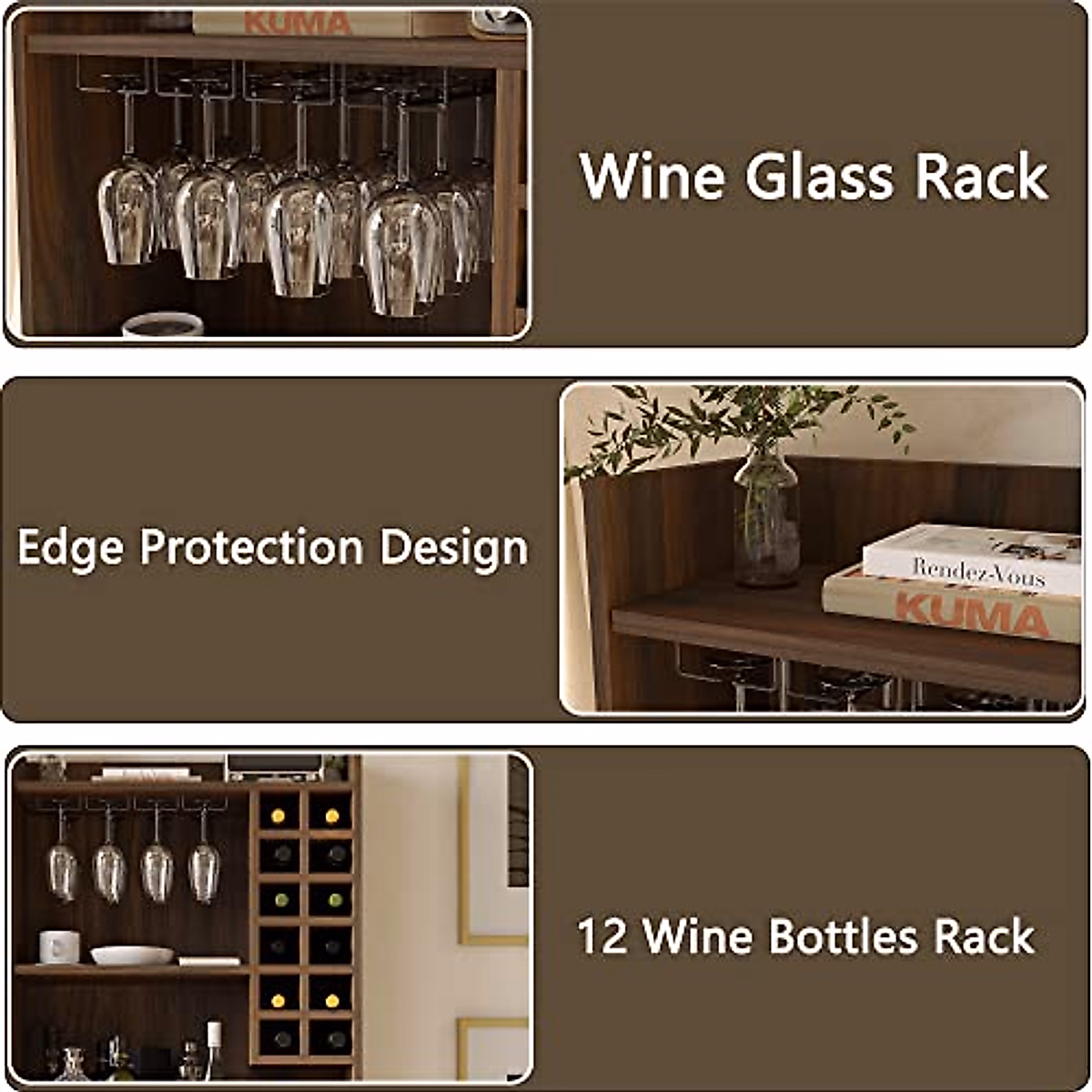 Apepro Wine Bar Cabinet for Liquor and Glasses with 12 Wine Bottle Racks, Kitchen Hutch Storage Cabinet for Living, Dinning Room, Hallway—Doors That Combine Wire Mesh with MDF