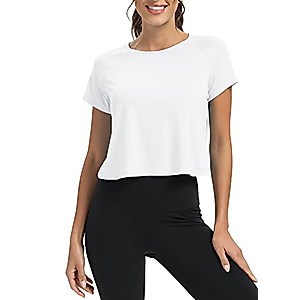 Mippo Crop Workout Tops Gym Shirt Athletic Wear Yoga Apparel Exercise Fitness Crop Top Going Out Tshirts Dance Pilates Clothes for Women White M