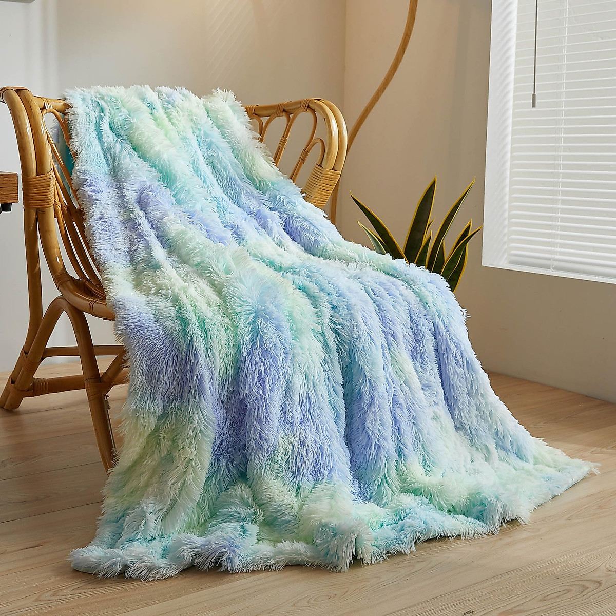 XeGe Plush Faux Fur Rainbow Throw Blanket, Tie Dye 50x60 Shaggy Furry Blanket Throw, Fluffy Microfiber Velvet Couch Blanket, Soft Colorful Fuzzy Lap Blanket for Girls Teens Women Kid Rainbow Blue