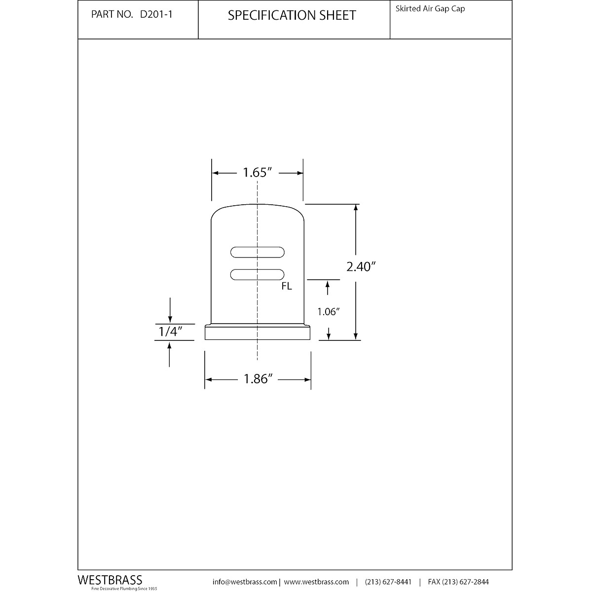 Westbrass A201-1-62 1-3/4" x 2-3/4" Solid Brass Air Gap Cap Only, Skirted, 1-Pack, Matte Black