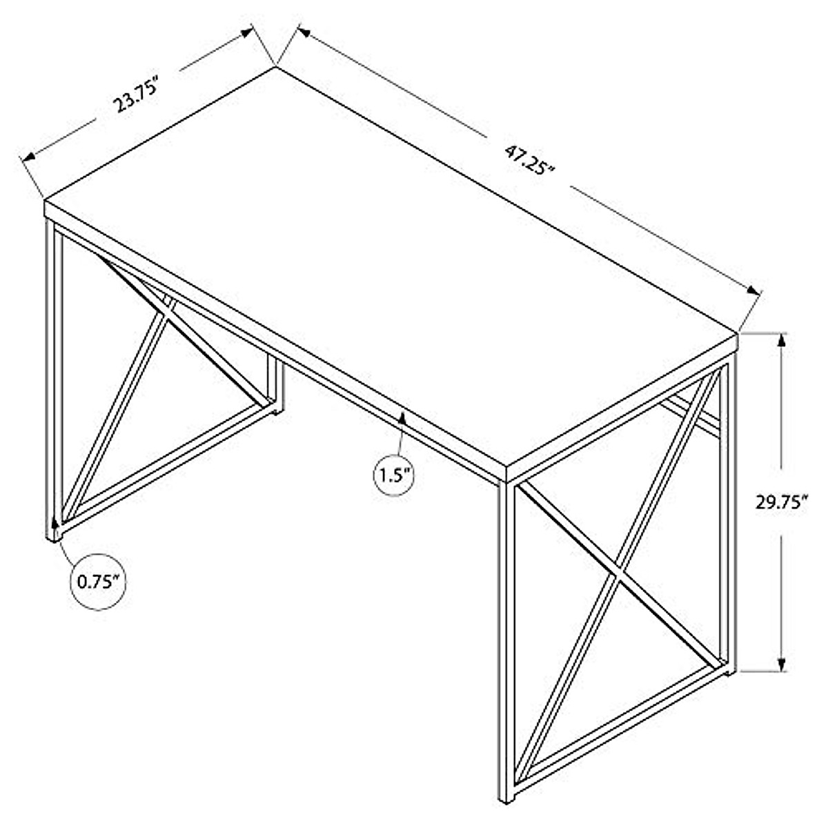 Monarch Specialties 7205 Computer Desk, Home Office, Laptop, Work, Laminate, Contemporary, Modern Desk-48 L Glossy White Chrome Metal, 47.25" L x 23.75" W x 29.75" H