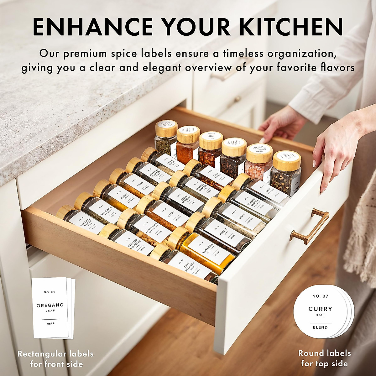 EDELHAUS Glass Spice Jars with Label and Bamboo Lids (24 x 4oz) Spice Containers with 240 Labels, Shaker Inserts, Steel Funnel, Empty Square Seasoning Organizer for Spice Rack, Cabinet, Drawer