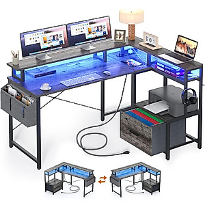 Homieasy Computer Desk with File Drawer Cabinet, L Shaped Office Desk with Printer Stand & Full Monitor Stand, 48 Inch Gaming Desk with Power Outlets Led Light Storage Bag Hanging Hooks, Black Oak