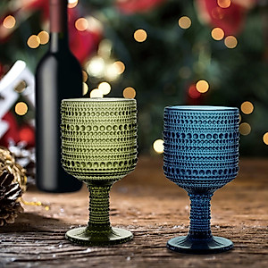 Wongblee Vintage Stemmed Wine Glasses 10 OZ, Hobnail Glass Goblets, Colored Drinking Glasses for Dining Table, Party, Bar