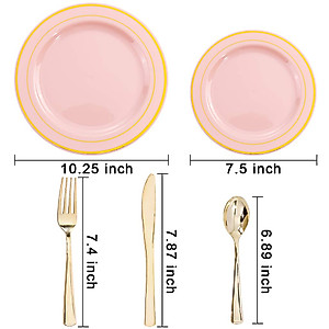 BUCLA 150PCS Pink Plastic Plates With Gold Rim - Pink Plates with Gold Plastic Silverware -Pink Disposable Plates for Easter Party, Bridal Shower, Mother’s Day and wedding