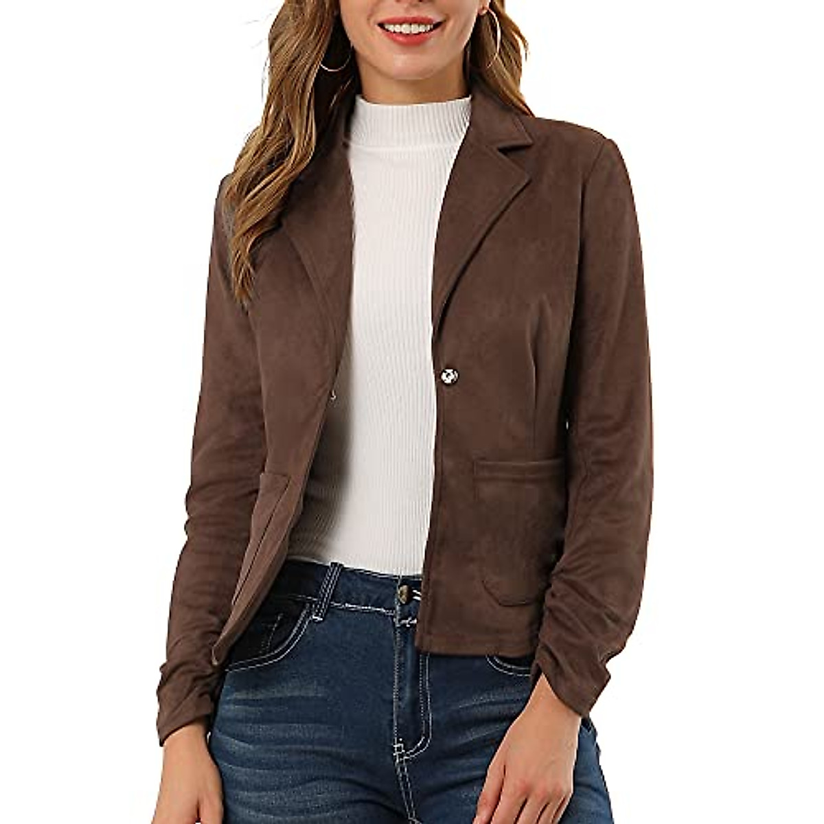 Allegra K Women's Long Sleeve Casual Open Front Drawstring Faux Suede Blazer Medium Brown
