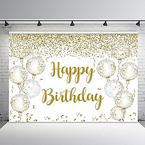 MEHOFOND 10x7ft White Gold Balloons Birthday Party Backdrop Confetti Balloons Gold Glitter Spots Girl Princess Bday Background Decoration Supplies Photo Booth Props