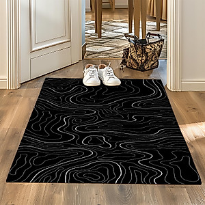 Entryway Rugs Black Topographic Map Non-Slip Washable Indoor Door Mat 2x3 Faux Wool Non-Slip Washable Low-Pile Floor Carpet for Indoor Front Entrance Kitchen Bathroom