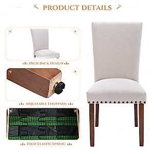 Parsons Dining Chairs Set of 6, Upholstered Nailhead Dining Room Kitchen Side Chair with Thick Cushions and Wood Legs, Beige