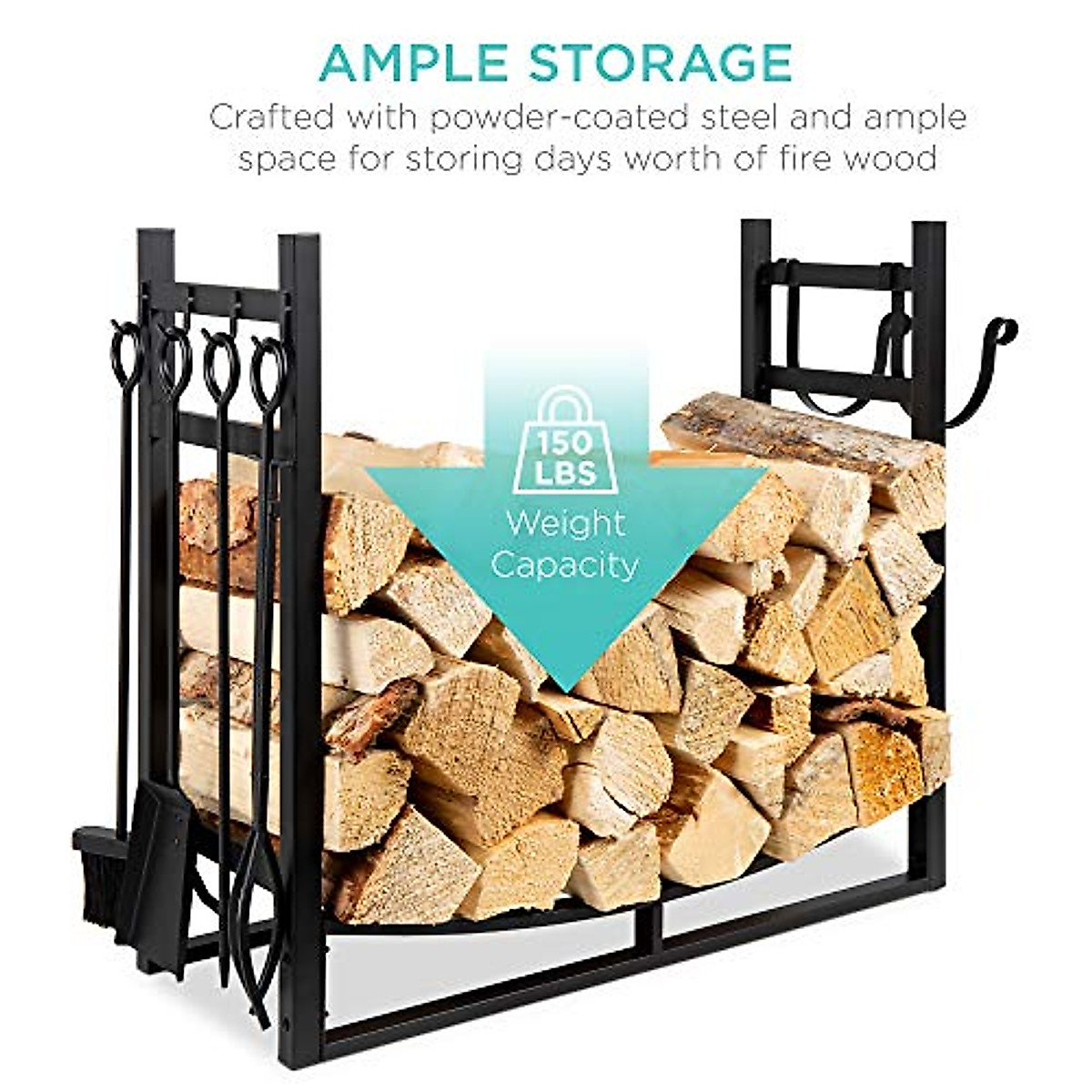 Best Choice Products 34.25in Firewood Log Rack & Tool Set Steel Wood Storage Accessory for Indoor Outdoor Fire Pit, Fireplace w/Kindling Holder, Shovel, Poker, Tongs, Brush