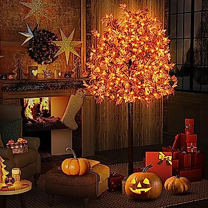 7FT 170 LED Lighted Maple Tree - Thanksgiving Decor Artificial Fall Tree with 17 Branches, 17 Acorns 340 Leaves, Remote 8 Flashing Modes, Timing, DC 5V Safe for Outdoor Wedding Party Autumn Decor…