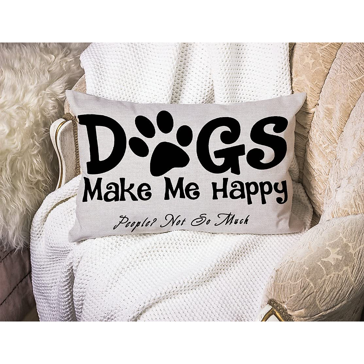 Smooffly Dogs Make Me Happy People Not So Much Funny Letter Black Waist Lumbar Cotton Linen Throw Pillow case Cushion Cover for Sofa Home Decorative Oblong 12x20 Inches