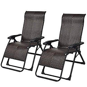 Tangkula 2 PCS Rattan Zero Gravity Chair, Outdoor Adjustable Folding Lounge Chair with Widened Armrest & Locking System, Heavy Duty Wicker Chaise Folding Recliner for Pool, Patio, Beach, Yard (2)