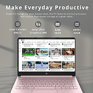 HP Stream Laptop, 14 inch HD Screen, Intel Celeron N4020 Processor, 16GB RAM, 64GB eMMC, Windows 11, 1-Year Office 365, HDMI, Wi-Fi, USB-C, Webcam, Pink, PCM