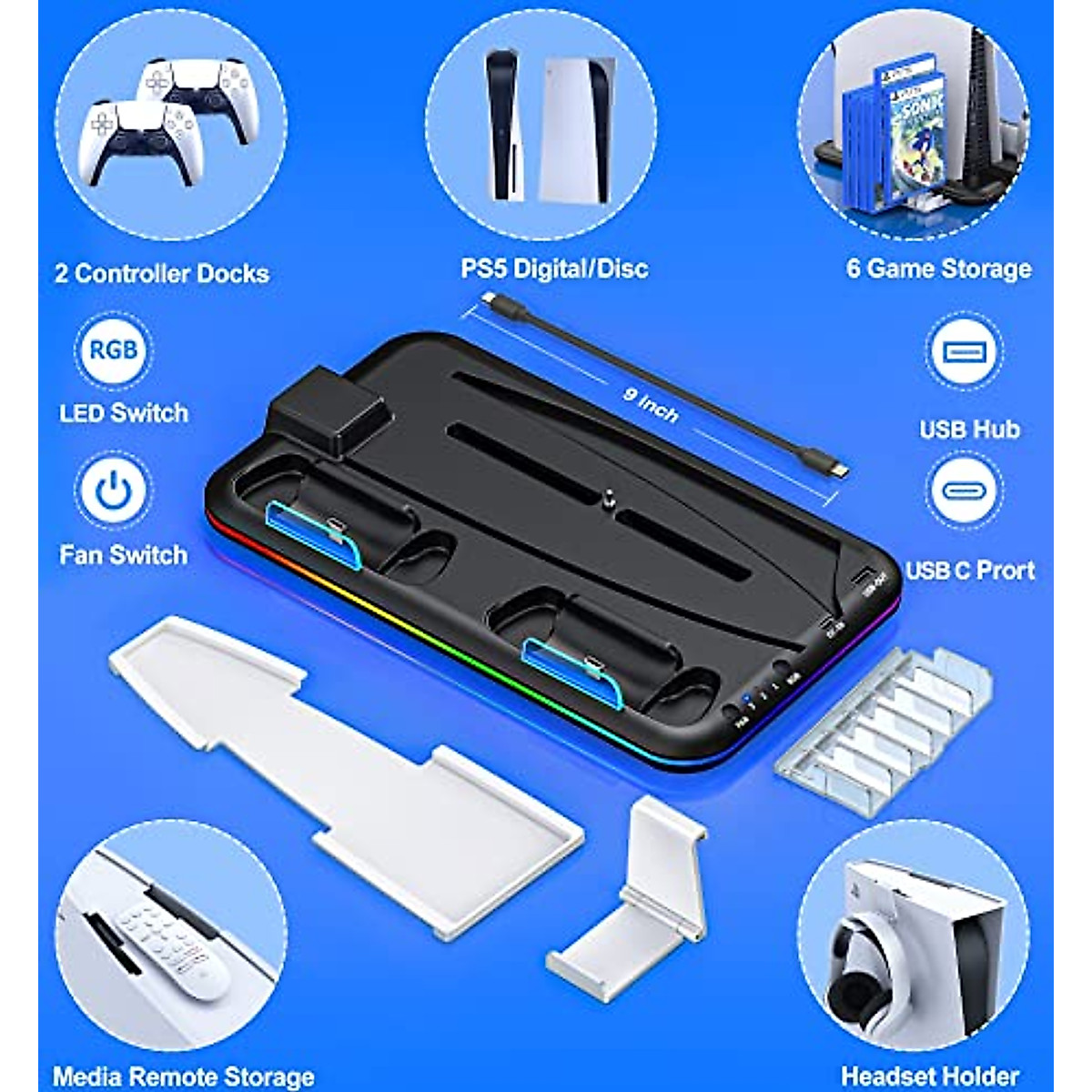 PS5 Stand with 4 Level Cooling Fan and RGB LED, Dual Fast PS5 Controller Charging Station for PS5 Digital/Disc, Accessories Incl. 6 Game Storage, Headset Holder, Dust Baffle