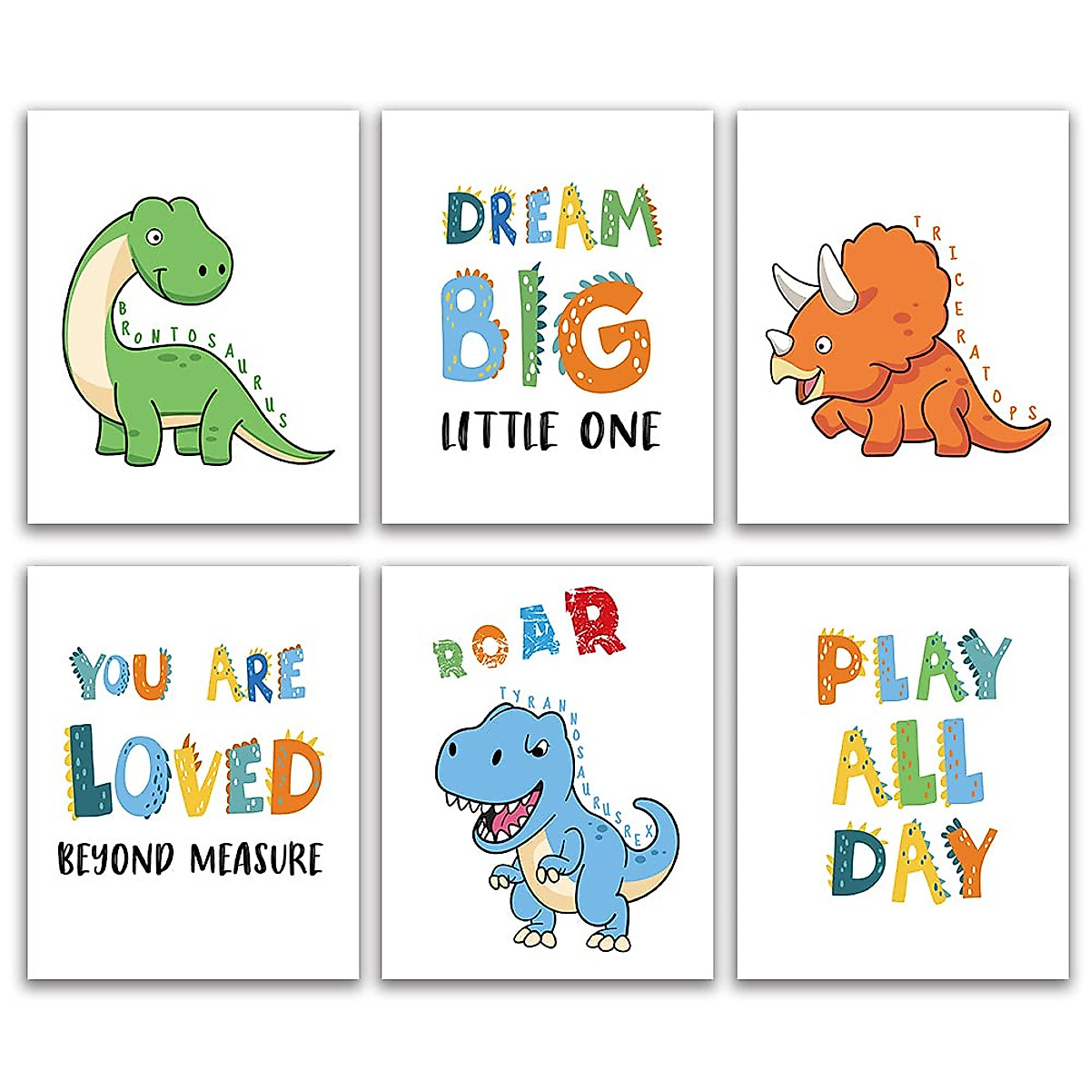 Dream Big Dinosaur Wall Art Inspirational Dinosaur Wall Decor for Classroom Nursery Bedroom, Dinosaur Art Prints Set of 6 (8”X10”), Dinosaur Bathroom Decorations for Bedroom Home Living Room, Unframed