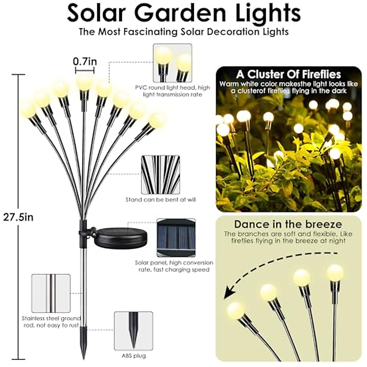 2024 Solar Garden Lights, 2 Pack Solar Firefly Lights, Solar Sway Lights Outdoor Waterproof, Solar Twinkle Swaying Fairy Light for Yard Patio Pathway Garden Decoration (Warm White)