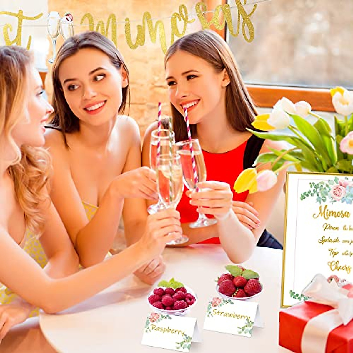 31 Pcs Mimosa Bar Kit Mimosa Bar Sign Banner Poster 4 Champagne Bottle Tags 4 Table Cards 20 Paper Straws 1 Marker 4 Ropes for Bridal Baby Shower Brunch Wedding Fiesta Bar Decor (Gold)