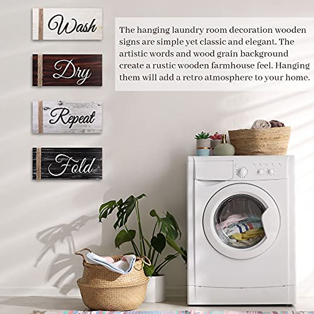 4 Pieces Wood Laundry Room Decor Wash Dry Fold Repeat Wall Art Accessories with Twine Farmhouse Laundry Wall Decor for Laundry Wall Shelf Bathroom Decor 14.2 x 6.3 x 0.2 inches