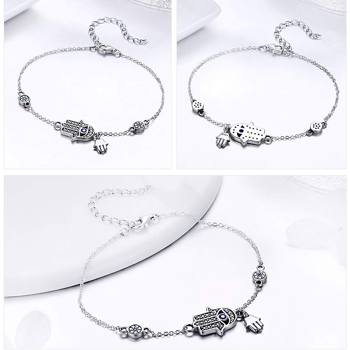 SLUYNZ 925 Sterling Silver Fatima Hamsa Hand Evil Eye Bracelet for Women Blue Round Eyes Bracelet