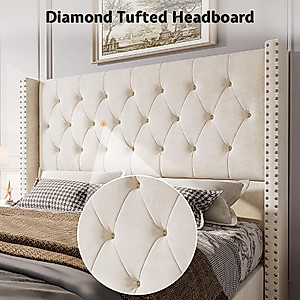 Jocisland Queen Bed Frame Upholstered Bed Wingback Headboard Velvet Tufted Diamond Button/No Box Spring Needed/Easy Assembly/Cream