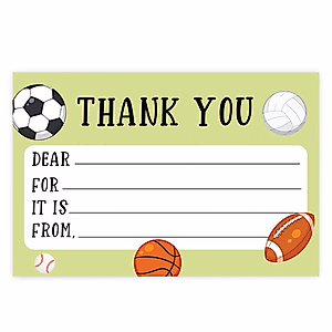 Andaz Press Kids Fill in the Blank Thank You Cards - 20 Cards Including Envelopes Sports Theme Gender Neutral Note Cards For Boys Girls Birthday Party Thank You Notes for Friends, Family Party Guests