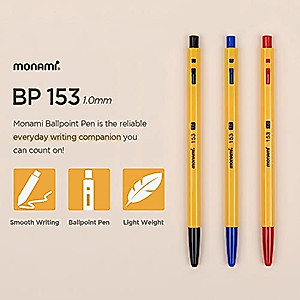 MONAMI BP 153 Retractable Ballpoint Pen, Medium Point (1.0mm), Black, 12-Count