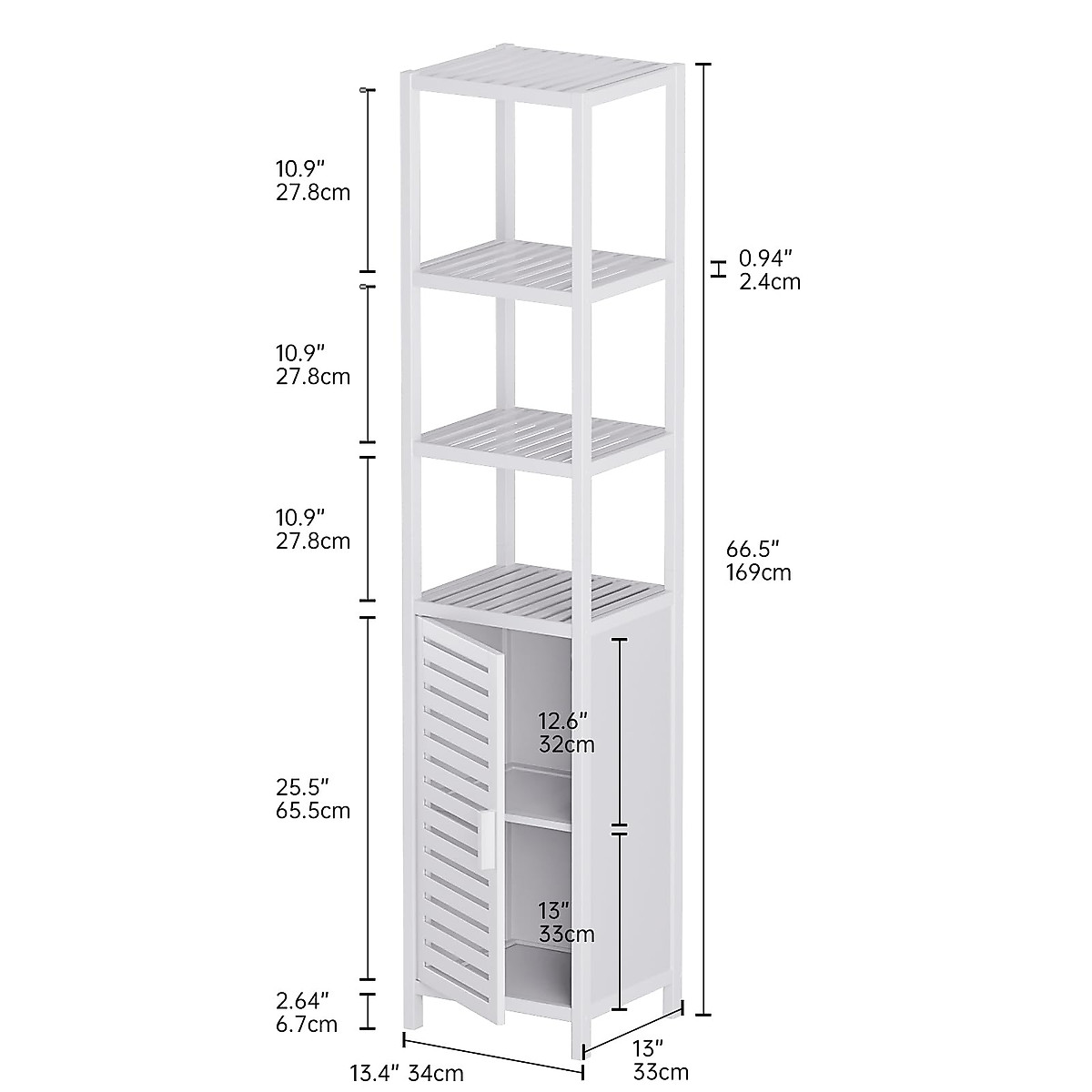 HITNET Bathroom Tall Cabinet, Floor Standing Bamboo Storage Cabinet with 6 Shelves and Shutter Door for Kitchen Living Room, White