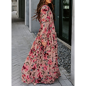BLENCOT Womens Casual Floral Deep V Neck Long Sleeve Long Evening Dress Cocktail Party Maxi Wedding Dresses Floral Pattern Red Large